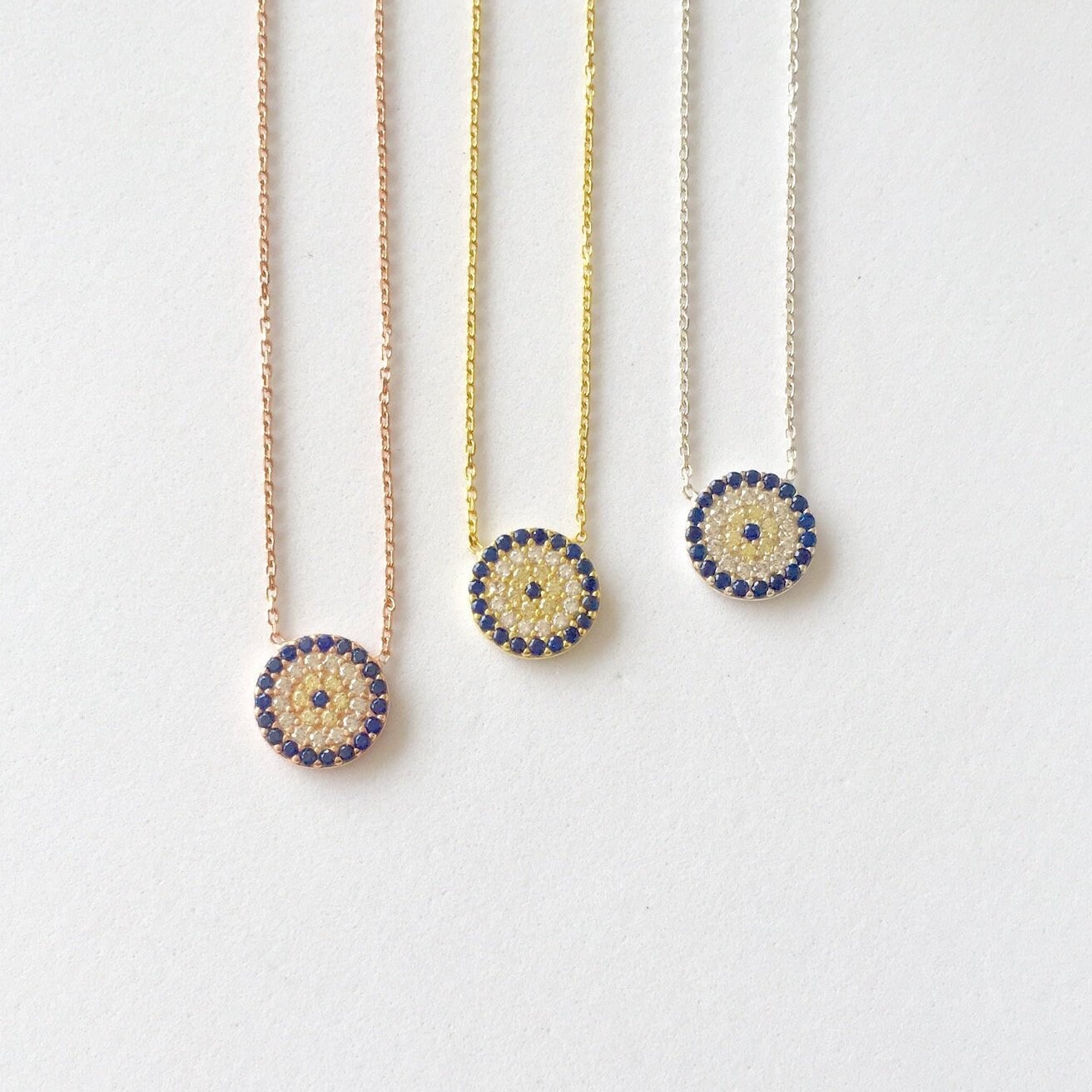 Disc Amulet Evileye Necklace 925 Sterling Silver Sapphire CZ | Etsy