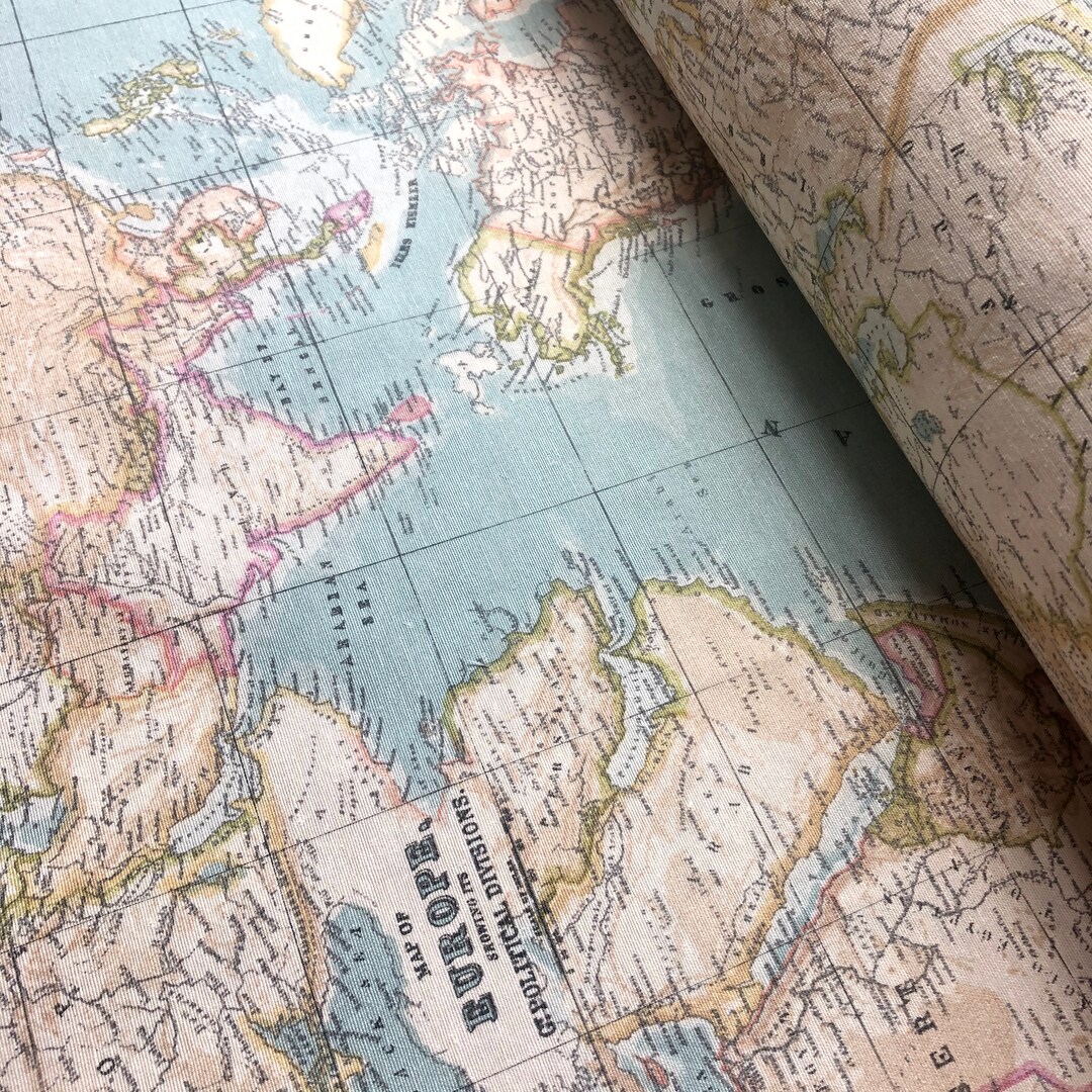 WORLD MAP Cotton Fabric Retro Material Map Canvas Curtain Upholstery ...