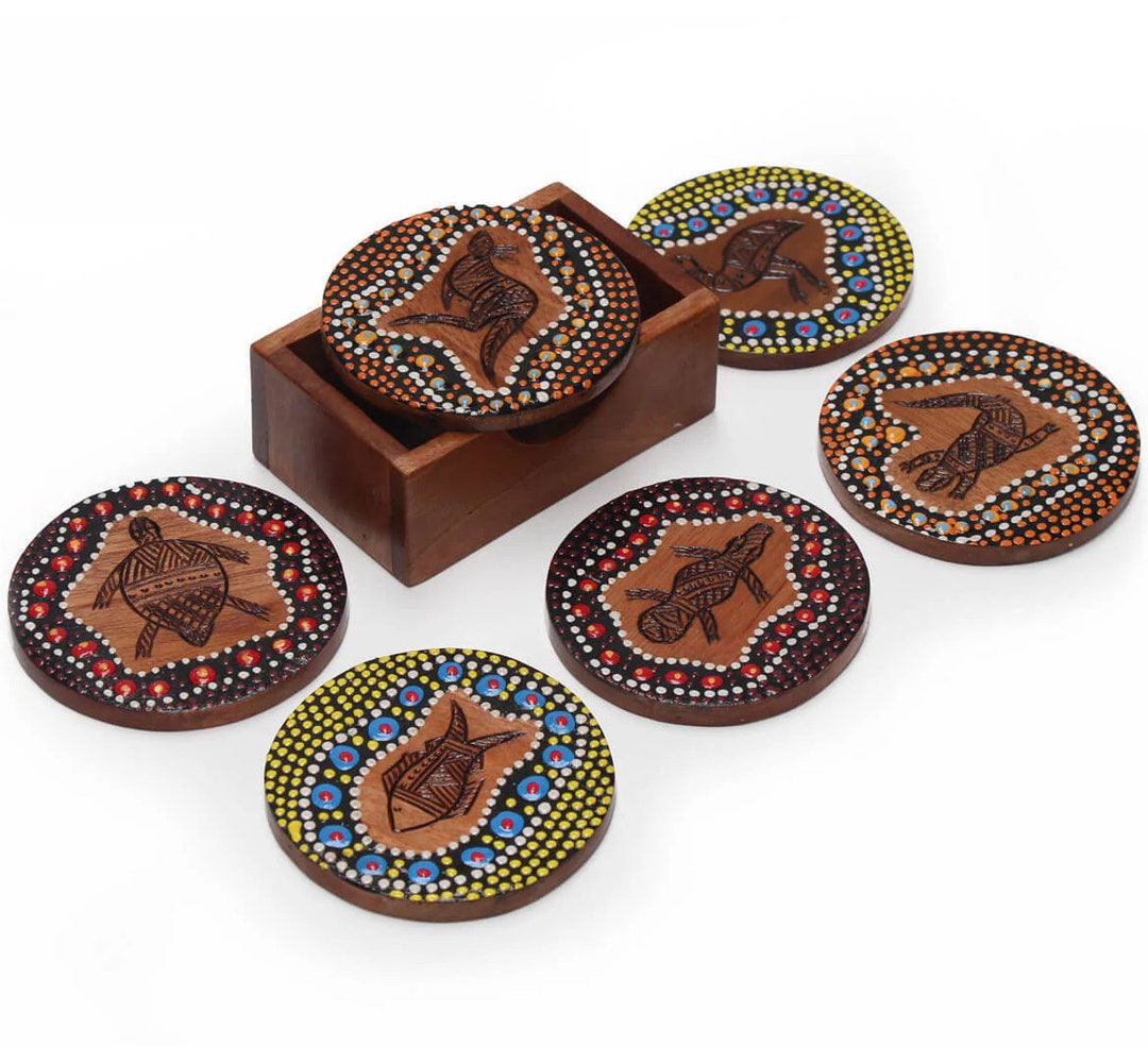 6 X Timber Coasters in Wooden Box Aboriginal Art, Animals Australia ...