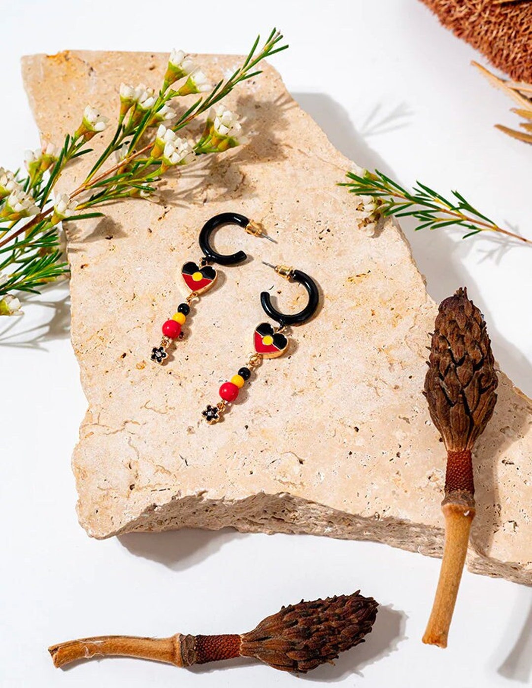 Aboriginal Earrings - Aboriginal Flag, Heart Beaded Hoop - Australian ...