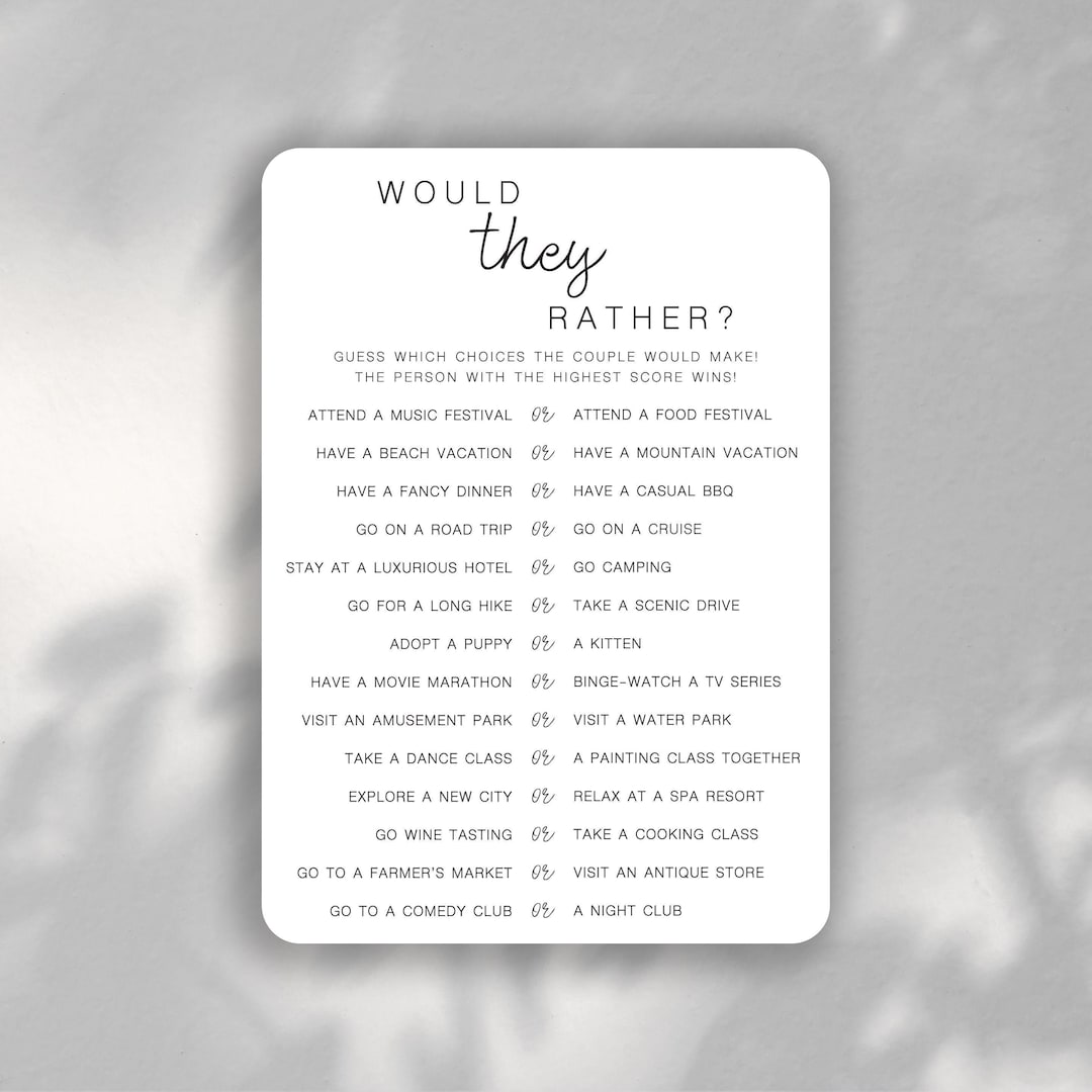Would They Rather? Game Cards - Engagement Party Game - Baby Shower ...