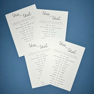 This or That Game Cards - for Bridal Shower, Bachelorette Game ...