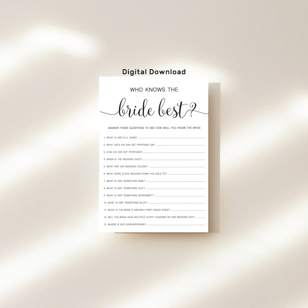 Who Knows the Bride Best? Game Cards - Bridal Shower Game ...