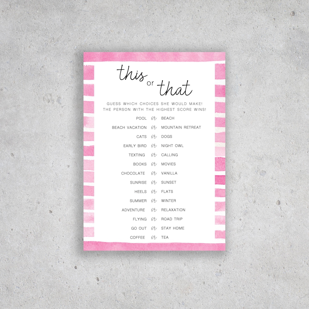 This or That Game Cards in Pink Stripes - Bridal Shower, Bachelorette ...