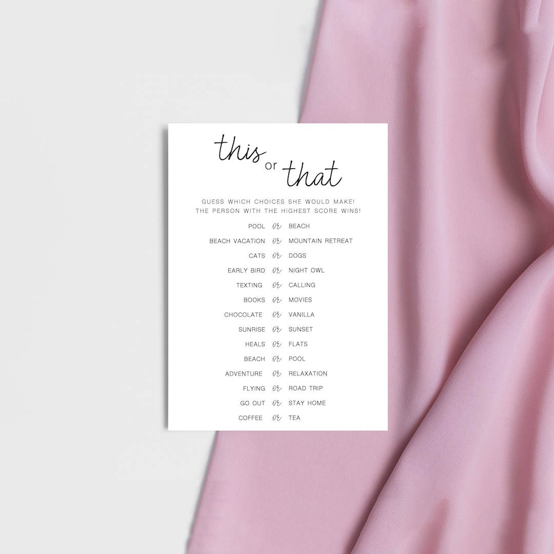 This or That Game Cards for Bridal Shower, Bachelorette Game, Birthday ...