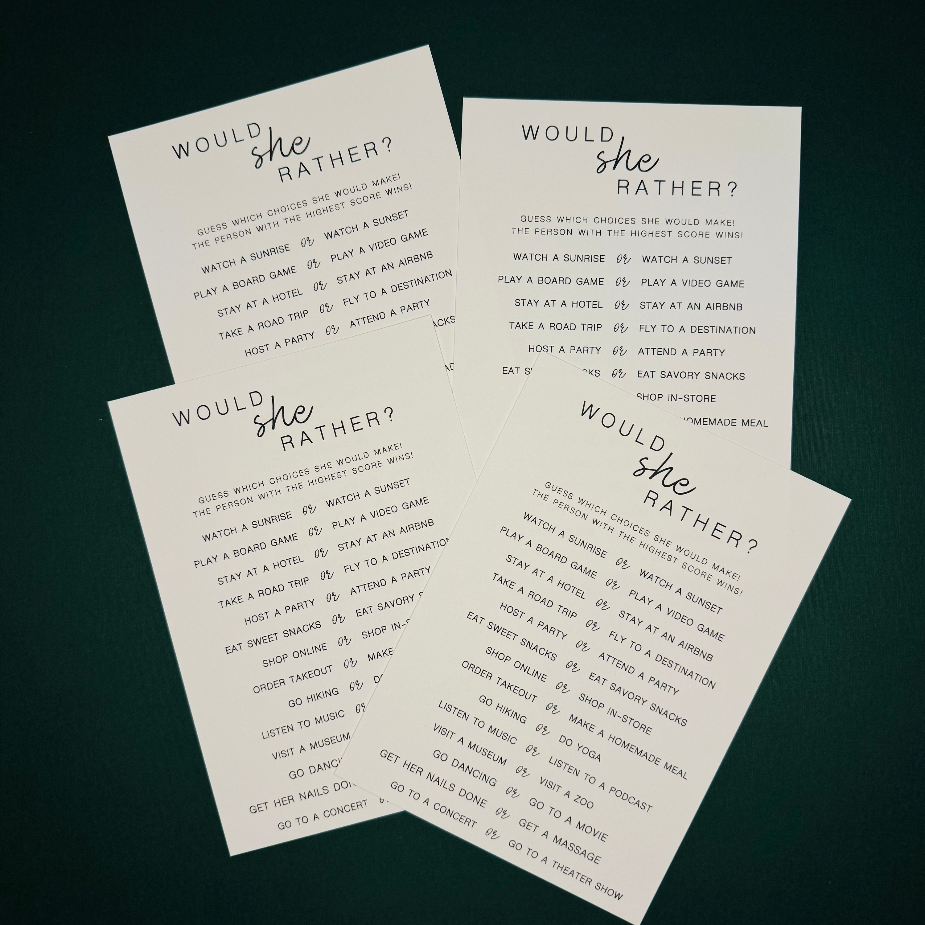 Would She Rather? Game Cards- Game Cards for Unforgettable Party ...