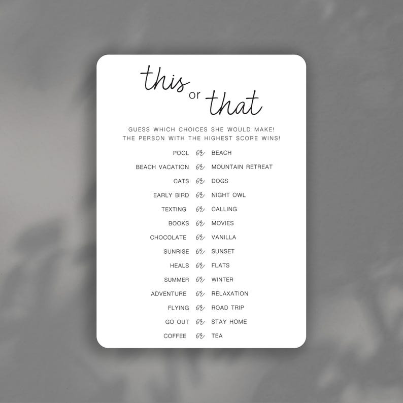 This or That Game Cards - for Bridal Shower, Bachelorette Game ...
