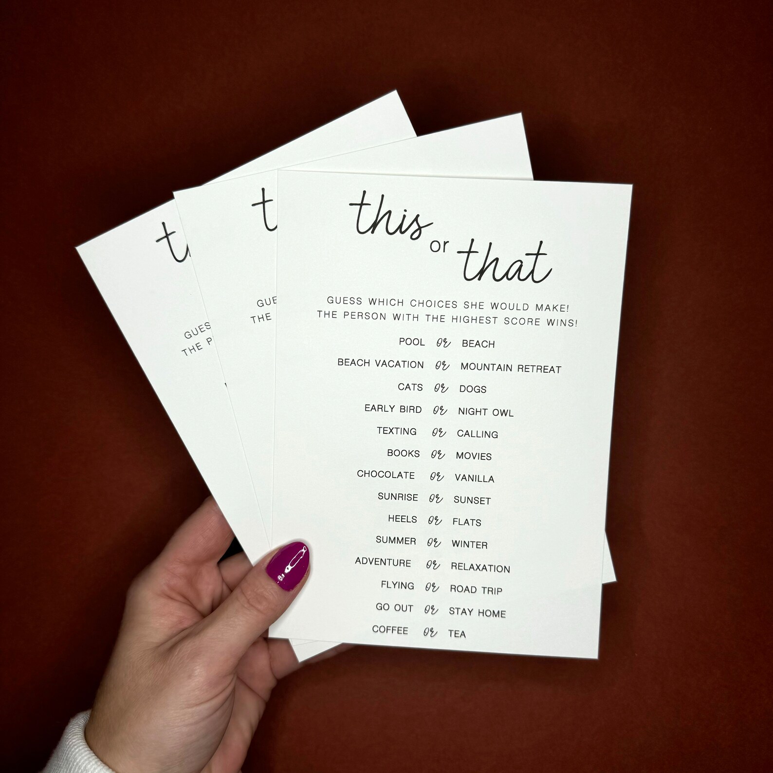 This or That Game Cards - for Bridal Shower, Bachelorette Game ...
