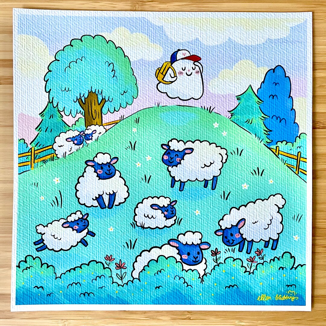 Art Print Ghost Amongst the Sheep Cute Illustration Square Print Home ...
