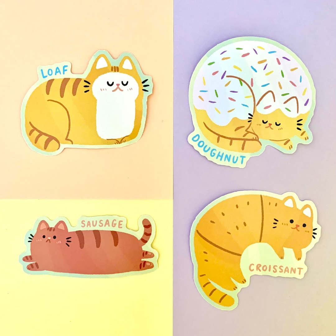 Super Cute Food Yoga Cats Stickers Set Gloss Paper Illustrated Stickers ...