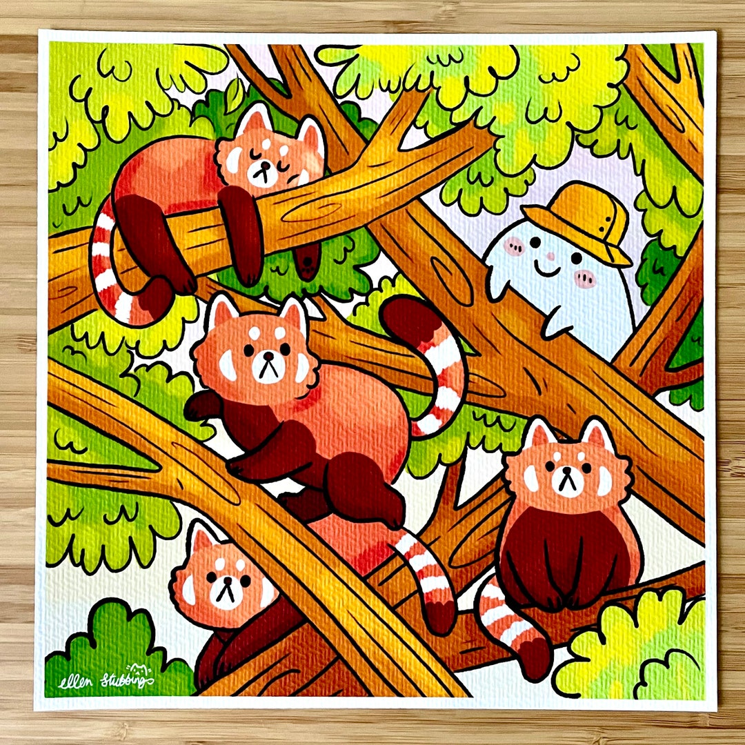 Art Print Ghost Living With Red Pandas Cute Animal Illustration Square ...