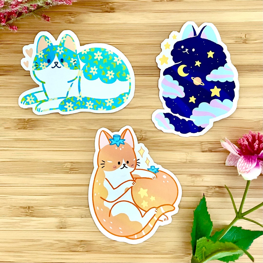 Super Cute Magical Cat Stickers Set of 3 Gloss Illustrated Stickers ...