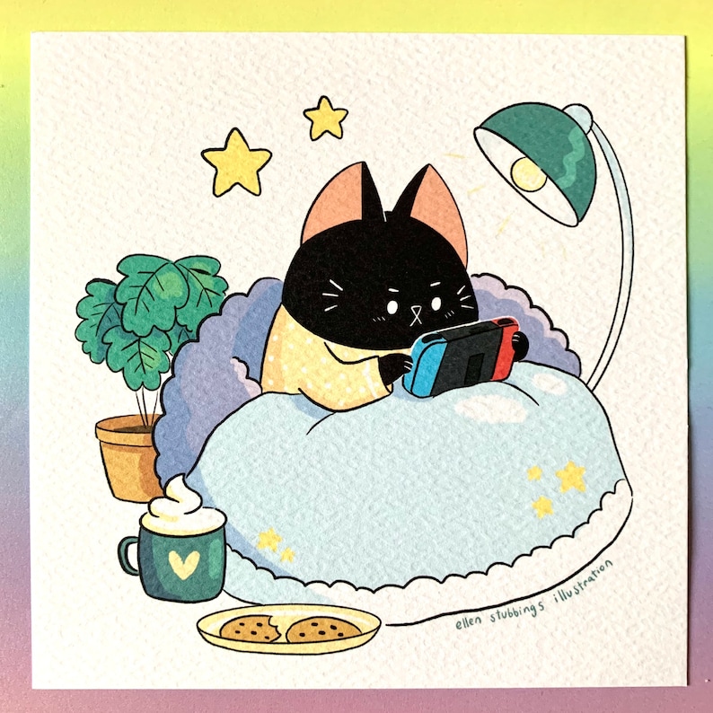 Art Print Cute Black Cat Switch Illustration Small Square Print Home ...