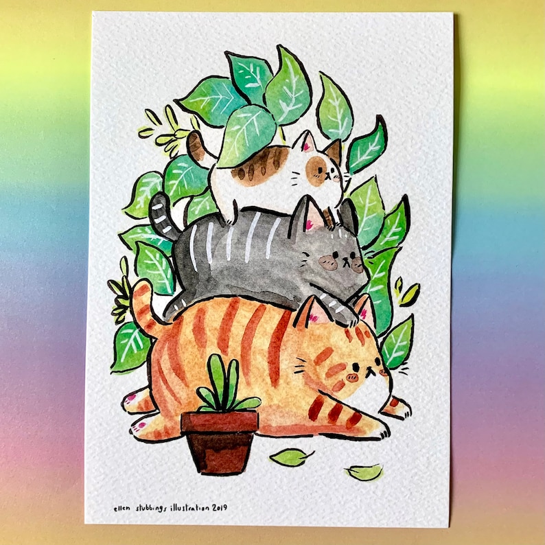 Art Print Cute A5 Cat Stack Illustration - Etsy