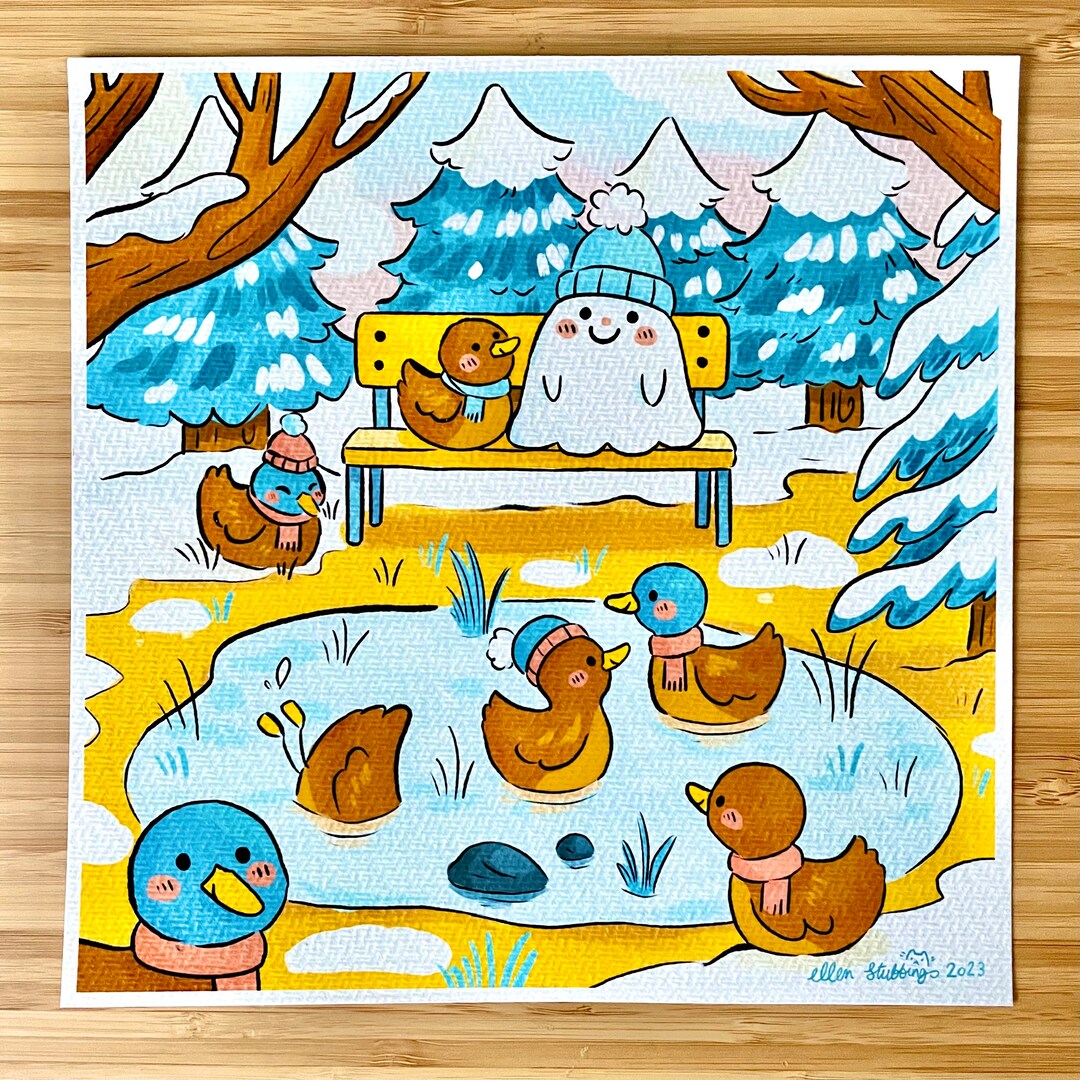 Art Print Ghost Hanging Out With Ducks Cute Animal Illustration Square ...