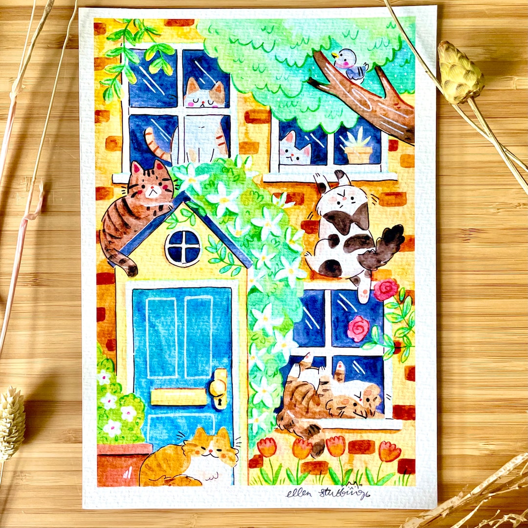 Art Print Illustration House Full of Cats Cute Cat Decor - Etsy