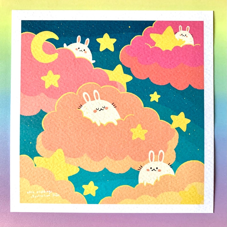 Art Print Cute Bunnies and Clouds Illustration Small Square Print Home ...