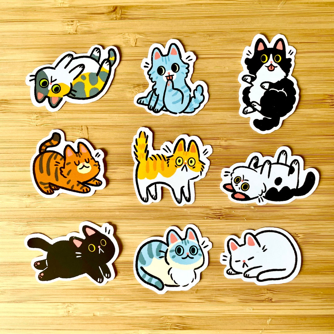 Sticker Pack Mix Bag of Cats Set of 9 Gloss Illustrated Stickers Cute ...