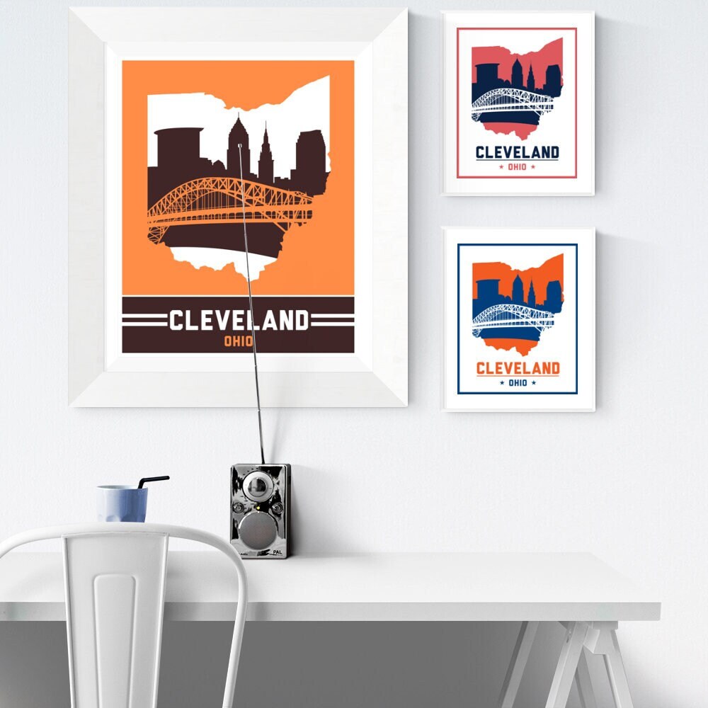 Cleveland, Ohio Skyline Poster Print: Wall Art Choose a Size - Orange ...