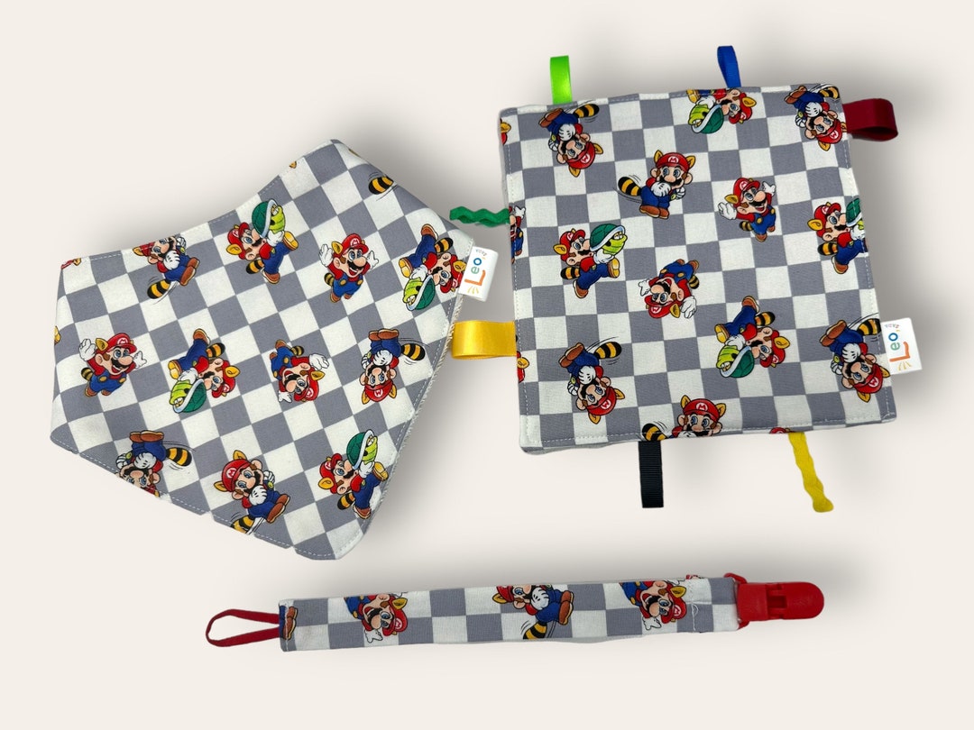 Super Mario Bib, Sensory Square and Dummy Clip Set, Baby Accessories - Etsy