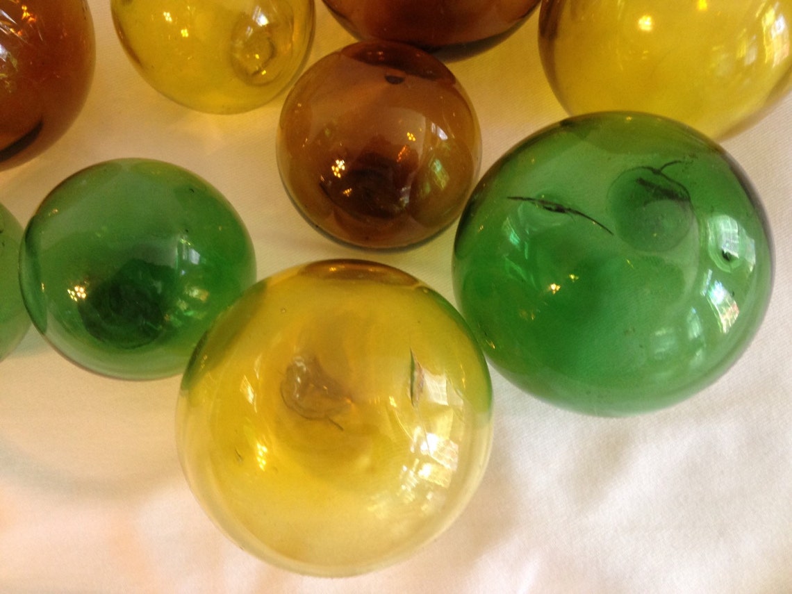 10 Vintage Glass Ball Floats Hand Blown Brown Gold Green Earth Tones ...