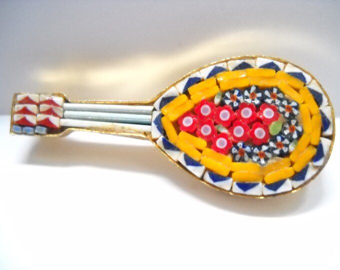 Micro Mosaic Mandolin Floral Pin Italian Glass Brooch Murano Italy ...