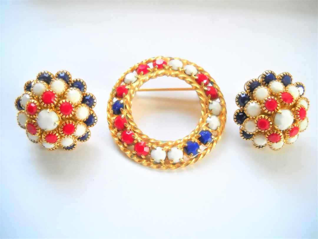 Vintage Jewelry Set Red White Blue Glass Faceted Rhinestone Brooch ...
