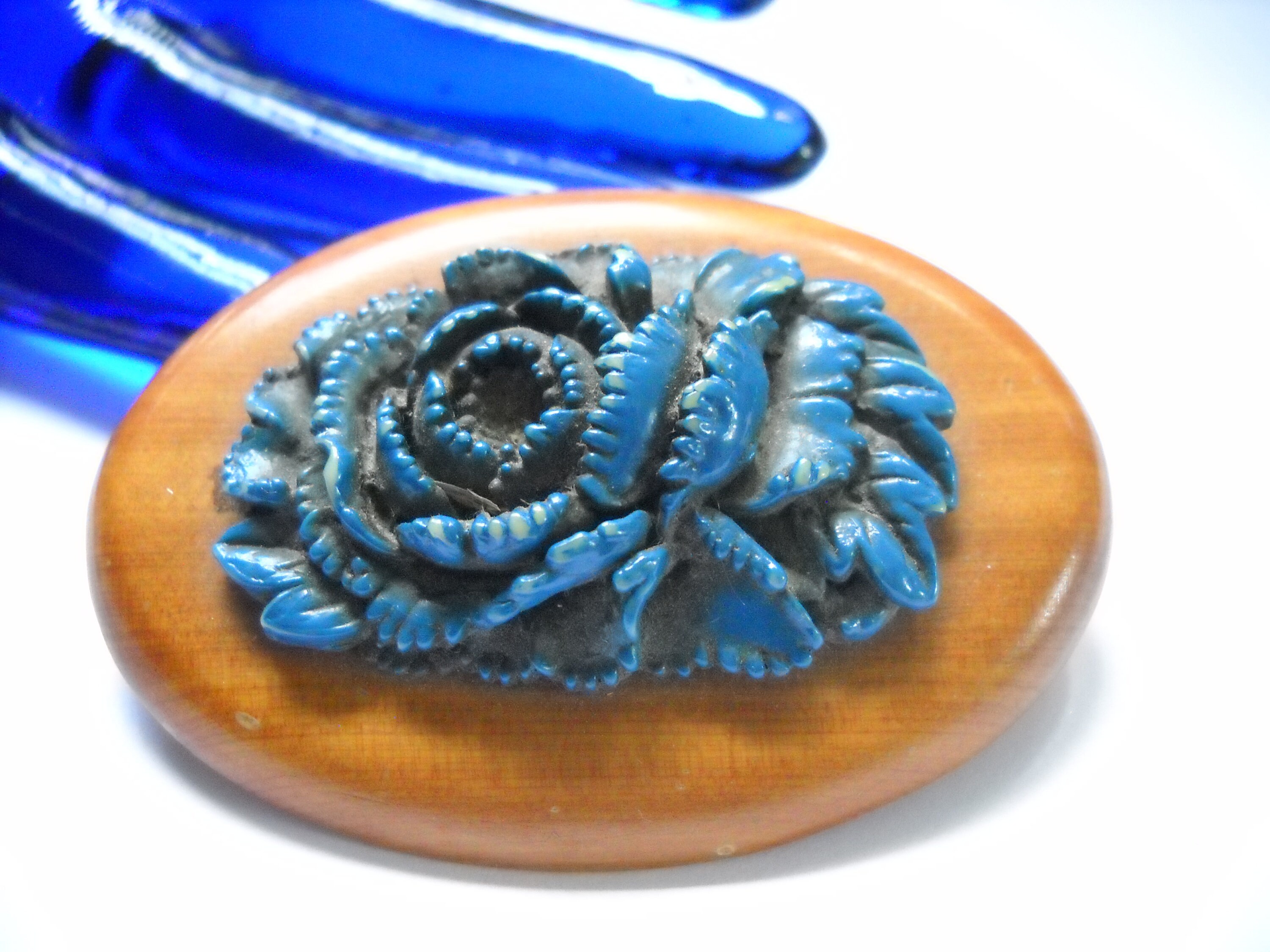 Vintage Brooch Wood Celluloid Oval Brooch Blue Celluloid Carved Flower ...
