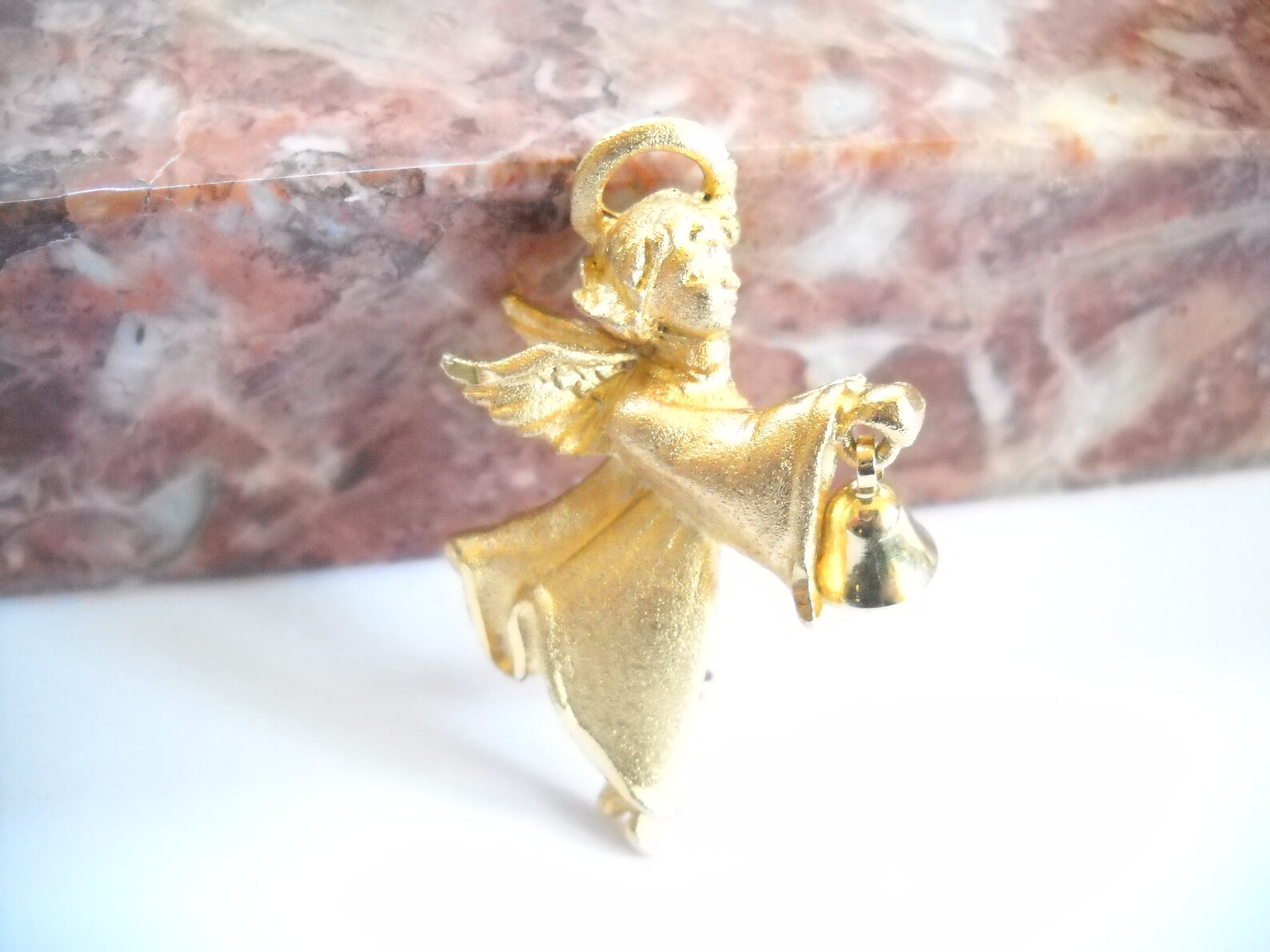 Vintage Angel Pin W Bell Brushed Gold Tone Metal Halo Loop for Pendant ...