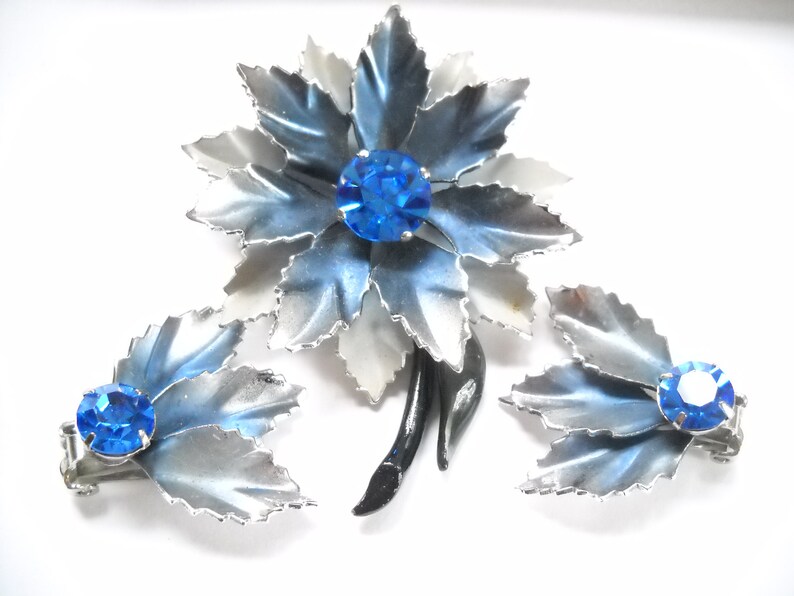 Vintage Coro Jewelry Set Enamel Metal Rhinestone Flower Blue - Etsy