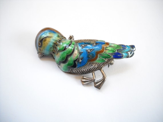 Vintage Chinese Brooch Pendant Enamel Bird Duck Brooc… - Gem