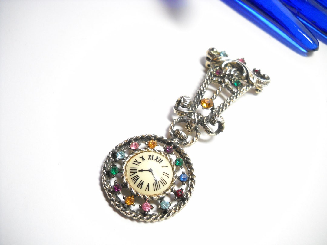 Vintage Watch Faux Brooch Faux Watch Rhinestone Enamel Costume Faux ...