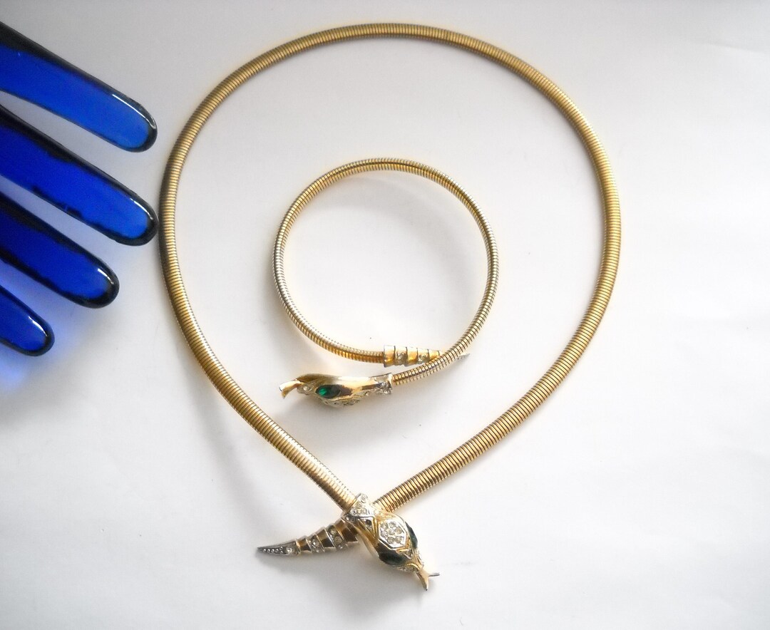 Coro Vintage Snake Necklace Bracelet Serpent Asp Rhinestone Green Eyes ...