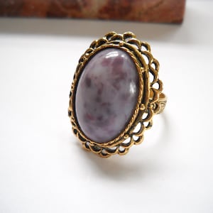 Ring Vintage Lavender Marble Purple Glass Cabochon Stamped Gold Tone Metal Adjustable Woodland ...