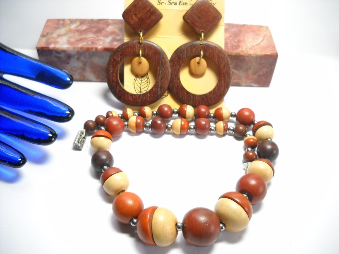 Wooden Necklace Earring Set Choker Geometric Wooden Beads Wooden Hoop ...