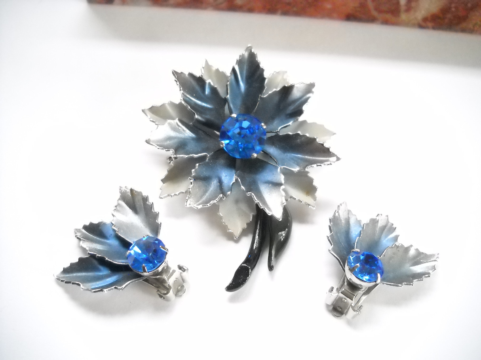 Vintage Coro Jewelry Set Enamel Metal Rhinestone Flower Blue - Etsy