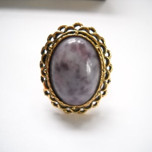 Ring Vintage Lavender Marble Purple Glass Cabochon Stamped Gold Tone Metal Adjustable Woodland ...