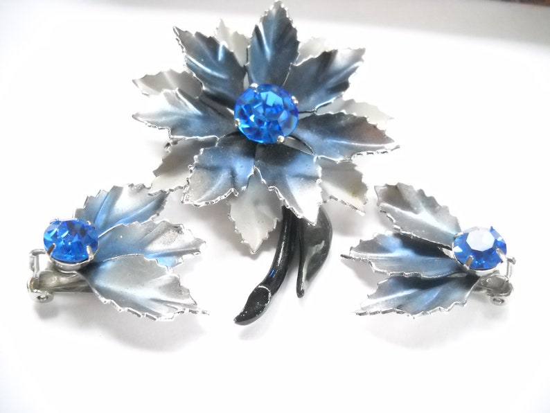 Vintage Coro Jewelry Set Enamel Metal Rhinestone Flower Blue - Etsy