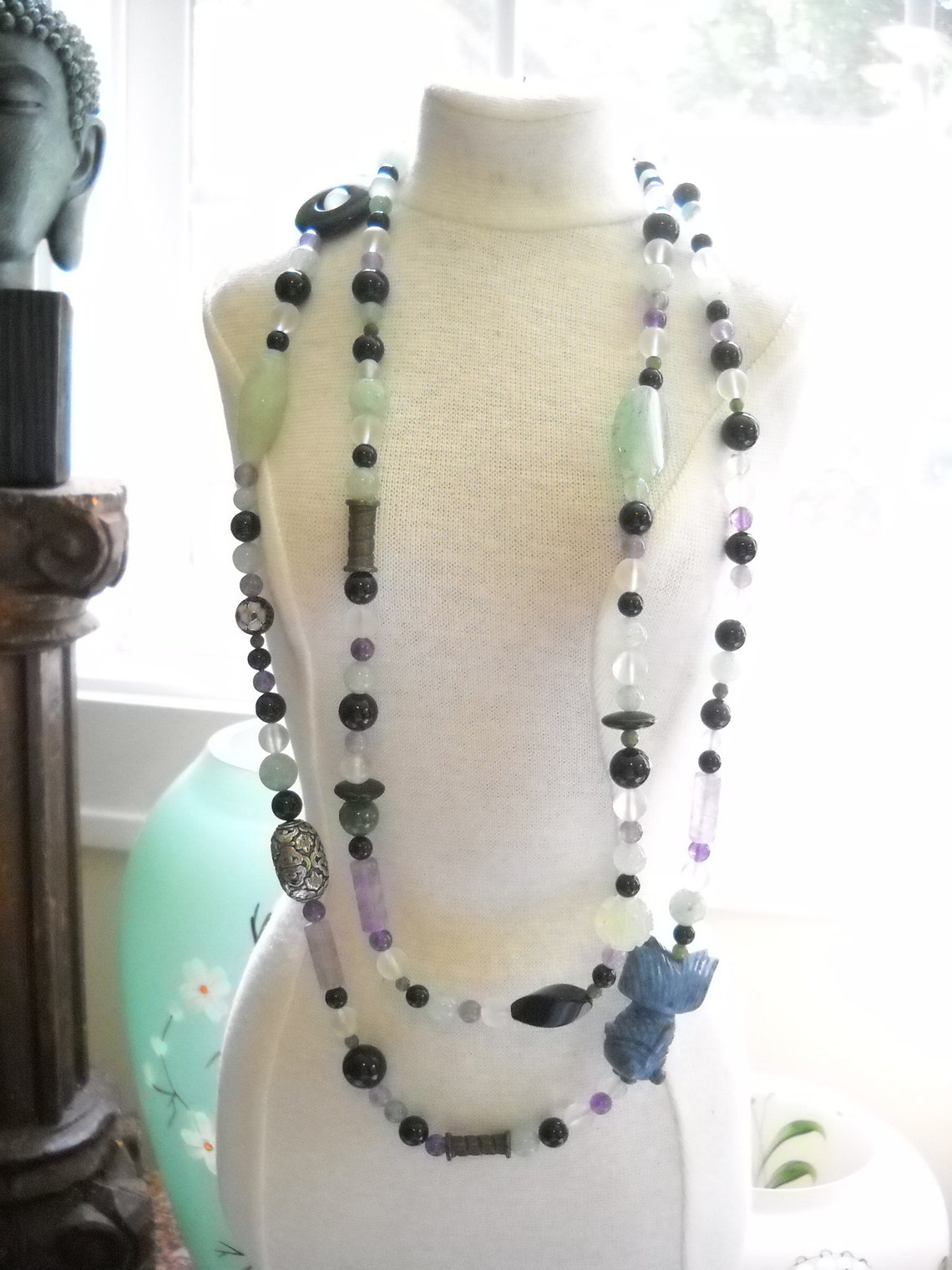 Vintage Necklace MFA Boston 52" Semi Precious Fish Amulet Stone Bead ...
