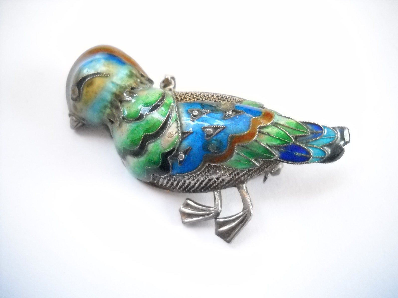 Vintage Chinese Brooch Pendant Enamel Bird Duck Brooch Pendant Mesh ...