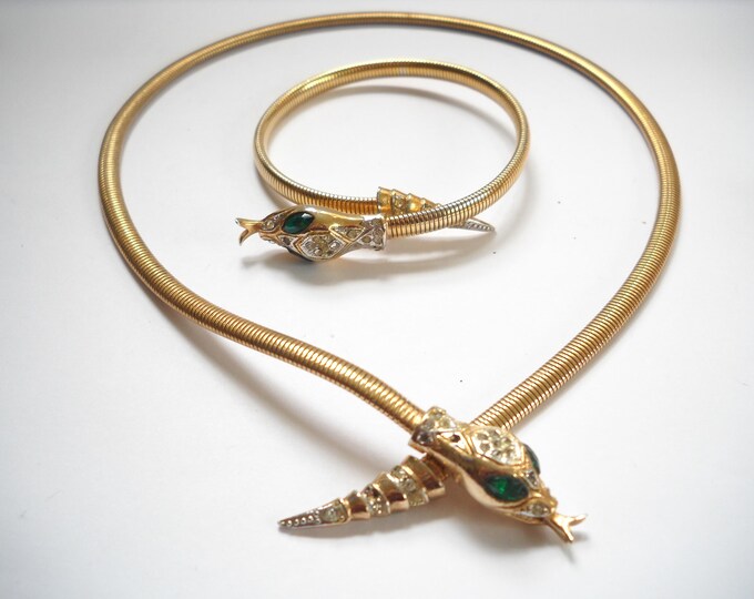 Coro Vintage Snake Necklace Bracelet Serpent Asp Rhinestone Green Eyes ...