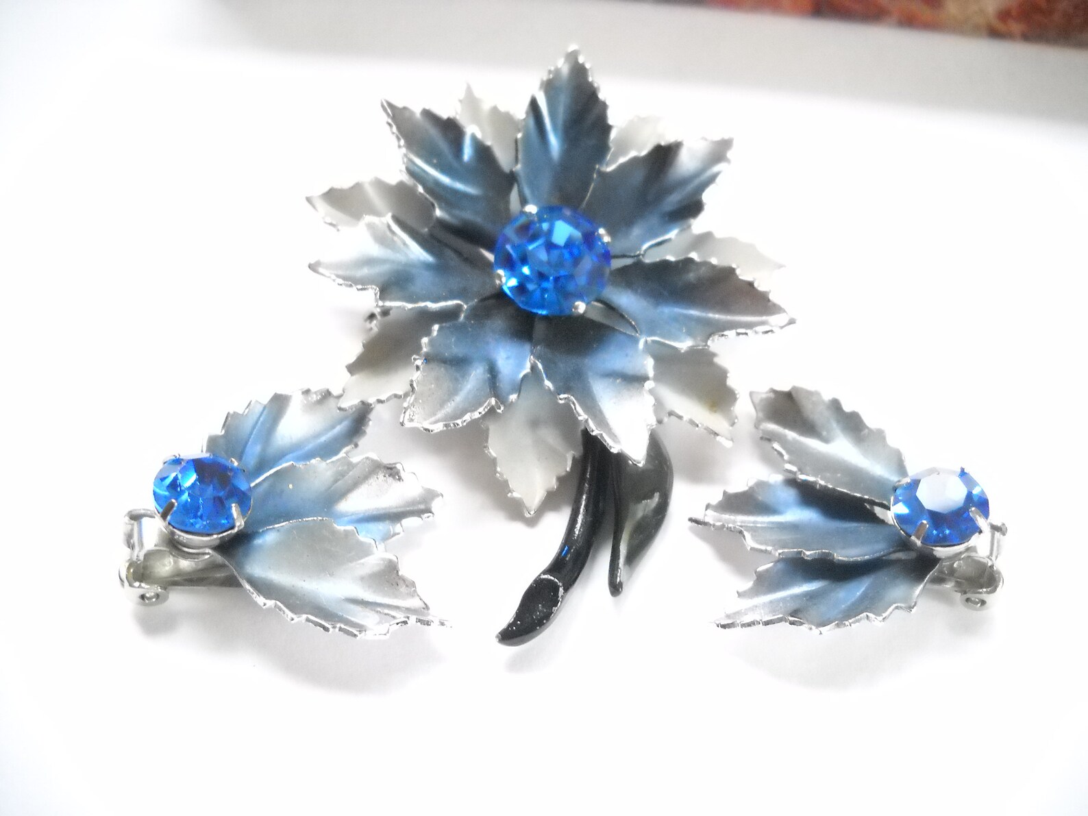Vintage Coro Jewelry Set Enamel Metal Rhinestone Flower Blue - Etsy