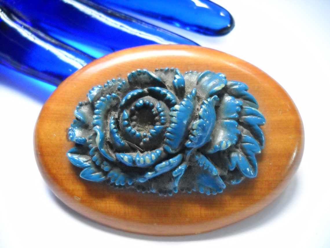 Vintage Brooch Wood Celluloid Oval Brooch Blue Celluloid Carved Flower ...
