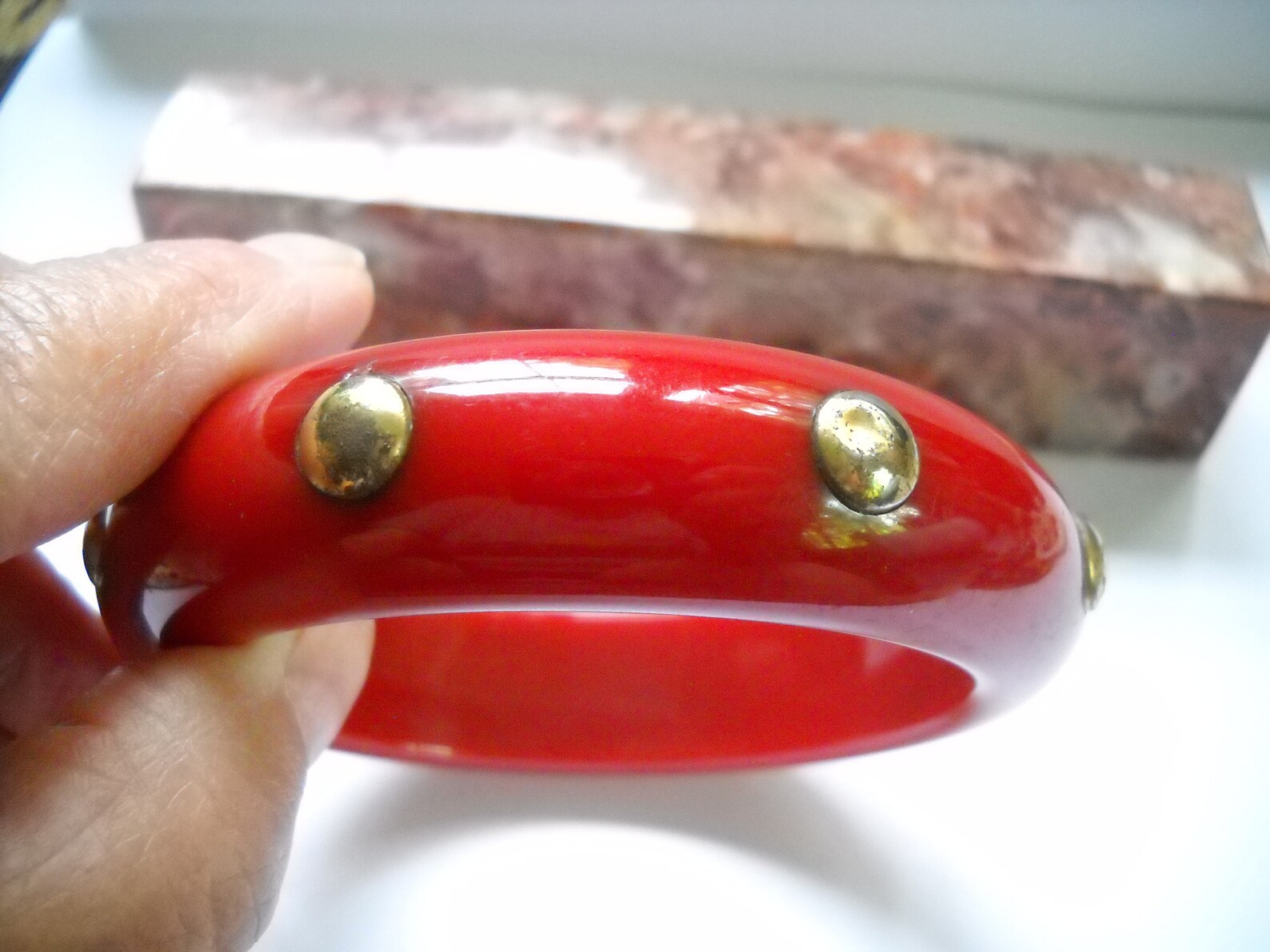 Vintage Bakelite Bangle Bracelet Red Bangle Metal Rivet Dots Tested ...