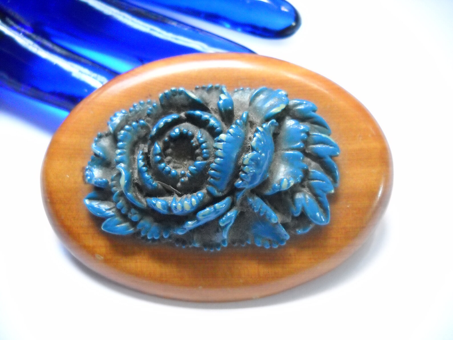 Vintage Brooch Wood Celluloid Oval Brooch Blue Celluloid Carved Flower ...