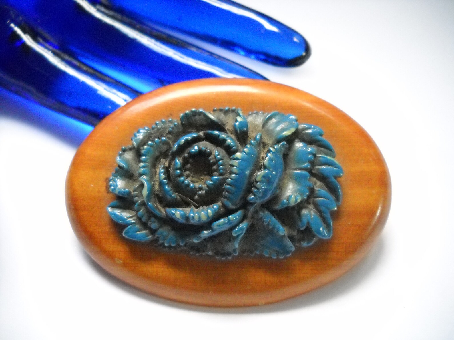 Vintage Brooch Wood Celluloid Oval Brooch Blue Celluloid Carved Flower ...