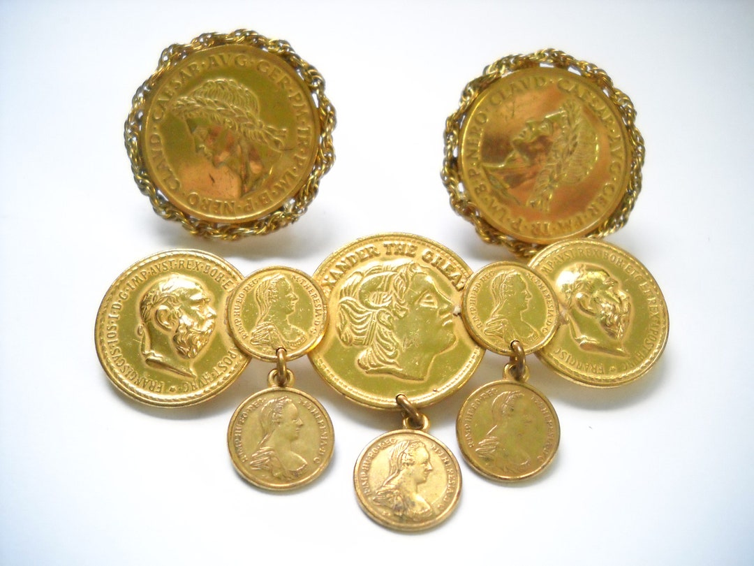 Vintage Miriam Haskell Coin Jewelry Set: Brooch & Earrings - Etsy