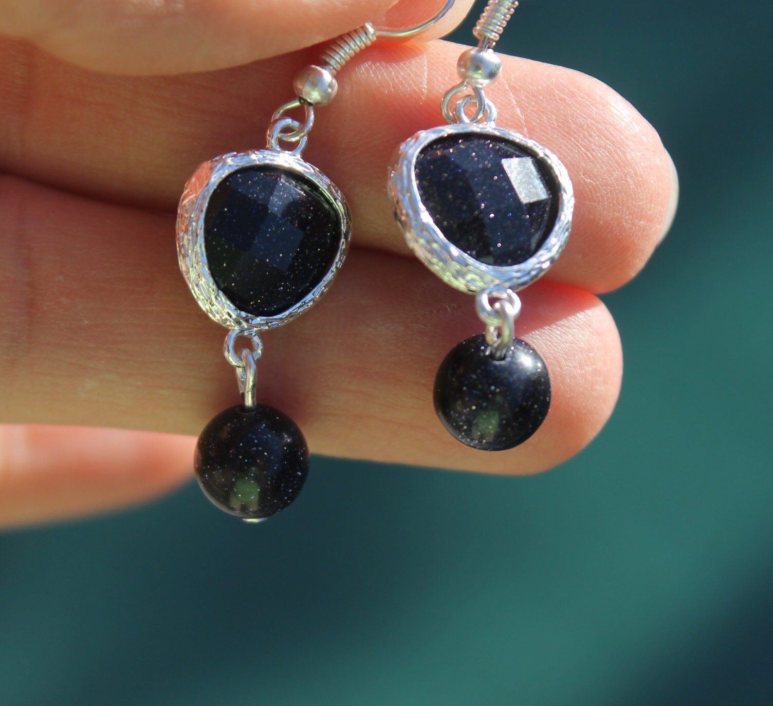 Blue Sandstone Earrings Goldstone Gem Jewelry Navy Blue - Etsy