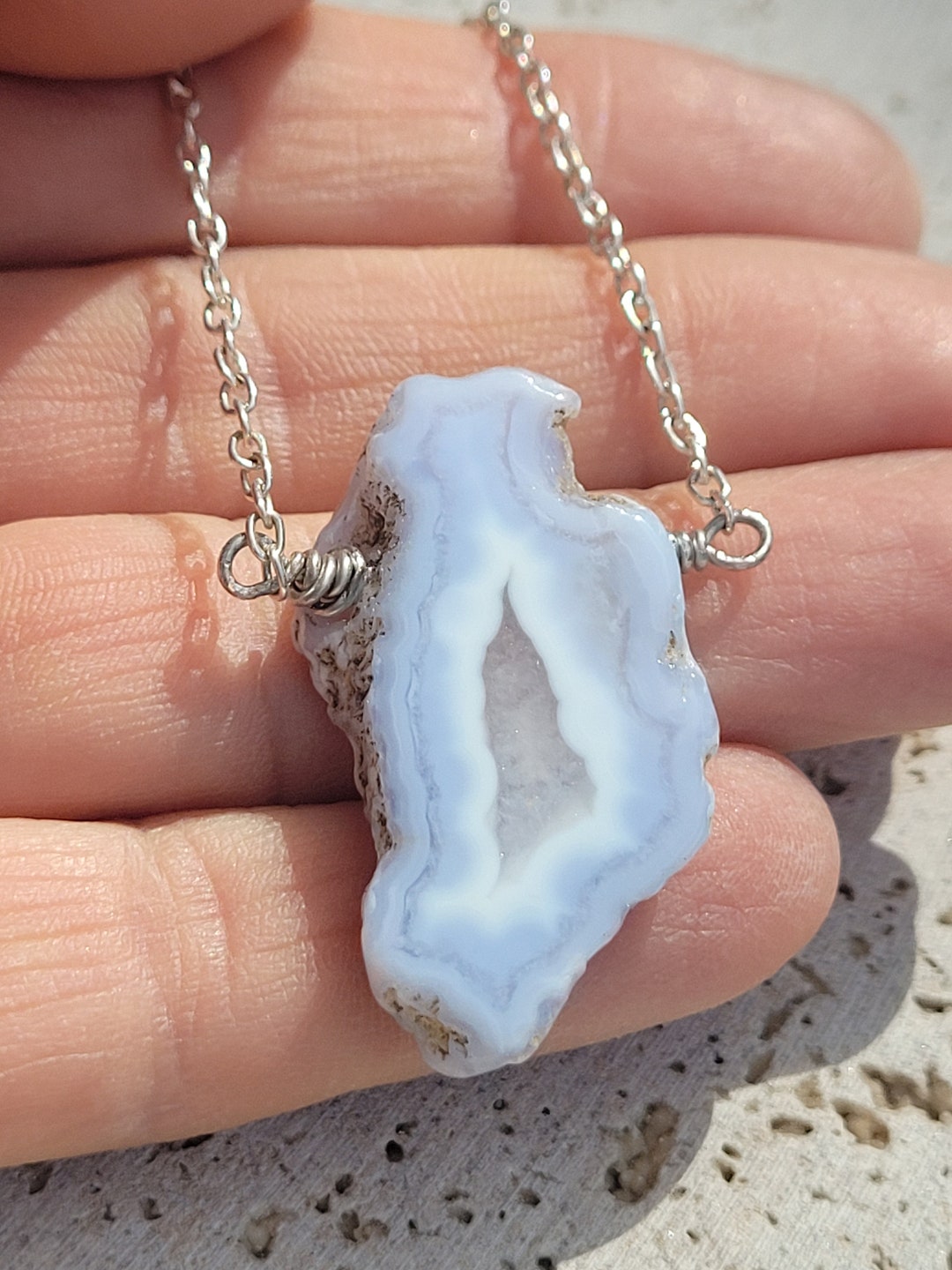 Blue Agate Necklace, Lace Agate Pendunt, Protective Stone, Healing ...