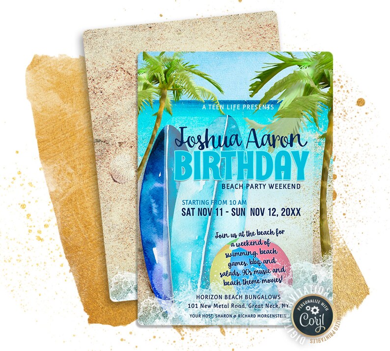 Surfer Beach Party Birthday Invitation / Printable Beach Birthday Party ...
